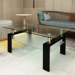 Kennkari Coffee Table with Storage, Table for Living Room, Modern Glass Coffee Table, Rectangular Coffee Table for Home Living Room, Clear Coffee Table, Easy Assembly (Transparent+Black)