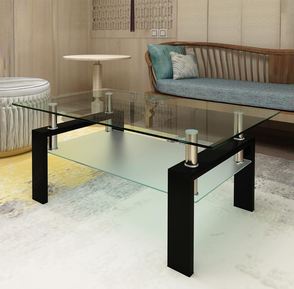 Kennkari Coffee Table with Storage, Table for Living Room, Modern Glass Coffee Table, Rectangular Coffee Table for Home Living Room, Clear Coffee Table, Easy Assembly (Transparent+Black)