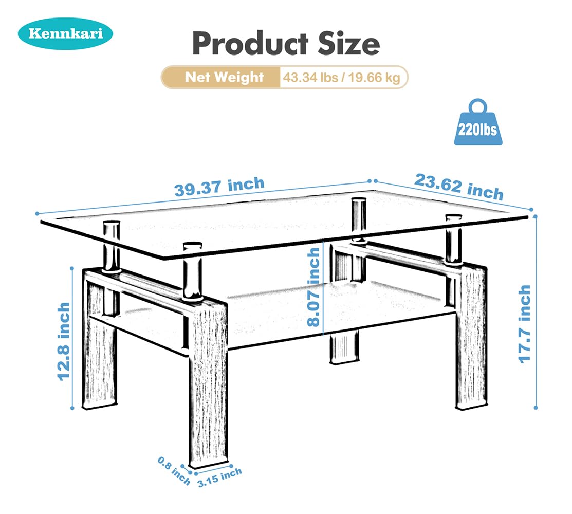 Kennkari Coffee Table with Storage, Table for Living Room, Modern Glass Coffee Table, Rectangular Coffee Table for Home Living Room, Clear Coffee Table, Easy Assembly (Transparent+Black)