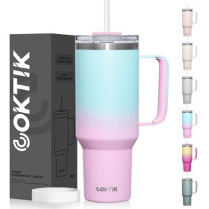 coktik 40 oz tumbler with handle and straw lid, 2-in-1 lid (straw/flip), vacuum insulated travel mug stainless steel tumbler for hot and cold beverages,easy to clean (bubble gum)