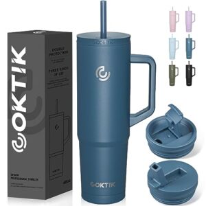 coktik 40 oz tumbler with handle and straw, 3 lids (straw/flip), stainless steel vacuum insulated cup, 40 ounce travel mug,cupholder friendly,keeps water cold,easy to clean(riptide)