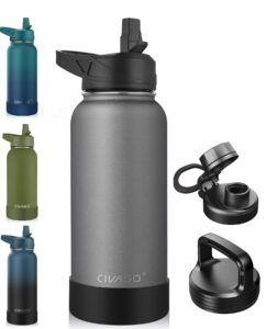 civago 32 oz insulated water bottle with straw, stainless steel sports water cup flask with 3 lids (straw, spout and handle lid), wide mouth travel thermal mug, cool gray