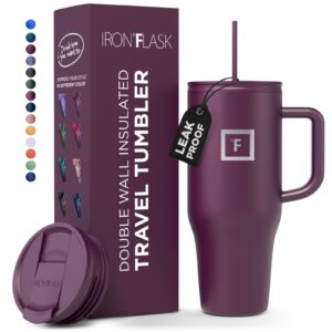 iron flask co-pilot insulated mug w/straw & flip cap lids - cup holder bottle for hot, cold drink - leak-proof - water, coffee portable travel mug - burgundy, 40 oz