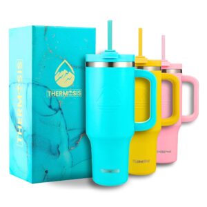 thermosis 40 oz tumbler with handle and straw | coffee tumbler with lid and straw | water bottle that fits in cup holder insulated tumbler - teal