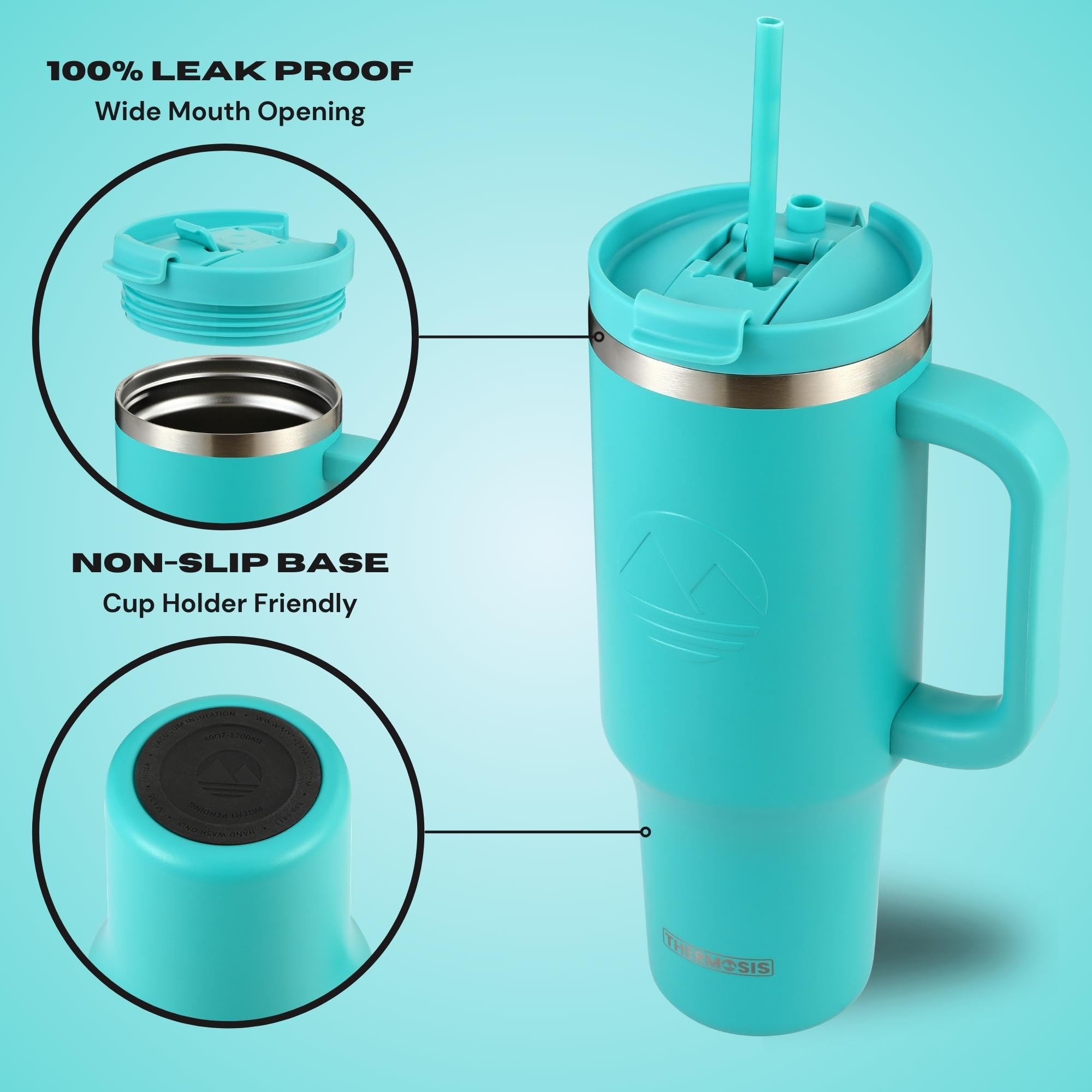 Thermosis 40 oz Tumbler with Handle and Straw | Coffee Tumbler with Lid and Straw | Water Bottle that Fits in Cup Holder Insulated Tumbler - Teal