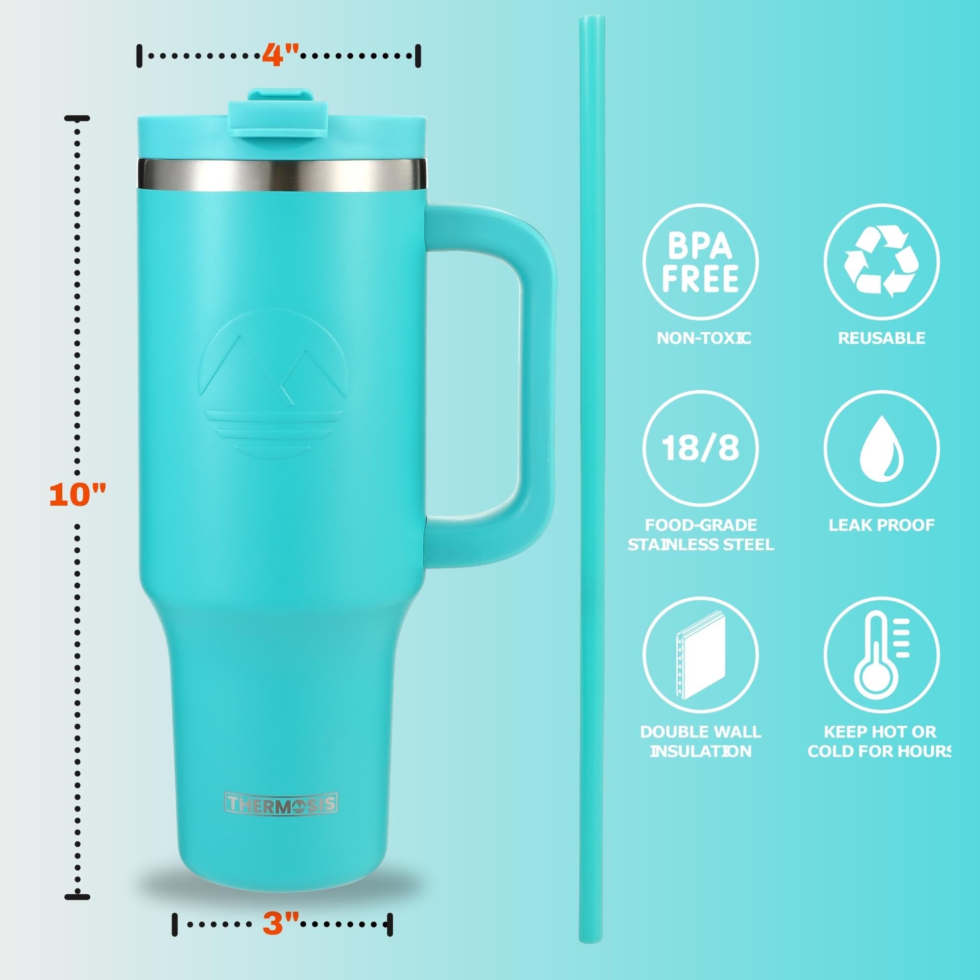 Thermosis 40 oz Tumbler with Handle and Straw | Coffee Tumbler with Lid and Straw | Water Bottle that Fits in Cup Holder Insulated Tumbler - Teal