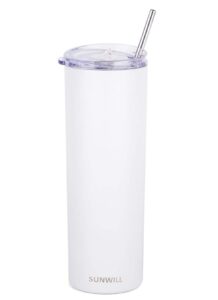 sunwill straw tumbler skinny travel tumbler with lid, vacuum insulated double wall stainless steel 20oz for coffee, tea, beverages, white