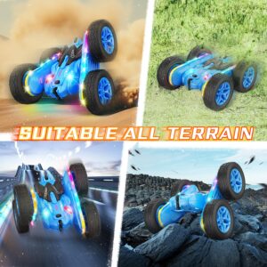 Terucle Remote Control Car, Rc Cars Stunt RC Car Toys New Upgraded Strip Lights and Headlights Car Toys Double-Sided 360° Rotating 4WD Rc Drift Truck for Boys Girls Birthday Gift (Blue)