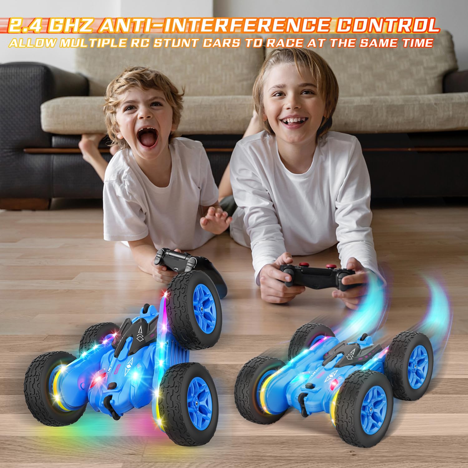 Terucle Remote Control Car, Rc Cars Stunt RC Car Toys New Upgraded Strip Lights and Headlights Car Toys Double-Sided 360° Rotating 4WD Rc Drift Truck for Boys Girls Birthday Gift (Blue)