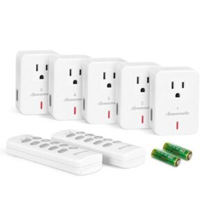 dewenwils remote control outlet plug wireless on off power switch, programmable remote light switch kit, 100ft rf range, compact design, etl listed, white (2 remotes + 5 outlets set)