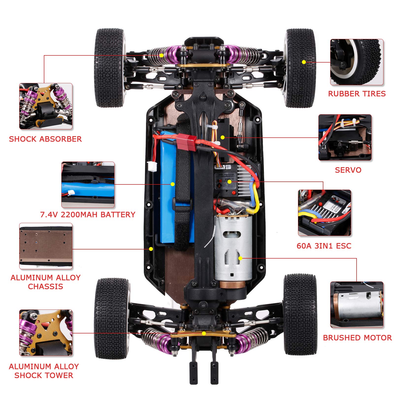 GoolRC WLtoys 124019 RC Car, 1/12 Scale 2.4GHz Remote Control Car, 4WD 60km/h High Speed Racing Car, Off-Road Buggy Drift Car RTR with Aluminum Alloy Chassis, Zinc Alloy Gear and 1 Battery