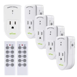 bn-link wireless remote control electrical outlet switch for lights, fans, christmas lights, small appliance, long range white (learning code, 5rx-2tx) 1200w/10a