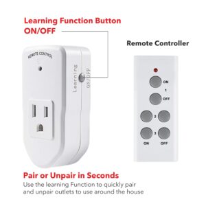 BN-LINK Wireless Remote Control Electrical Outlet Switch for Lights, Fans, Christmas Lights, Small Appliance, Long Range White (Learning Code, 5Rx-2Tx) 1200W/10A