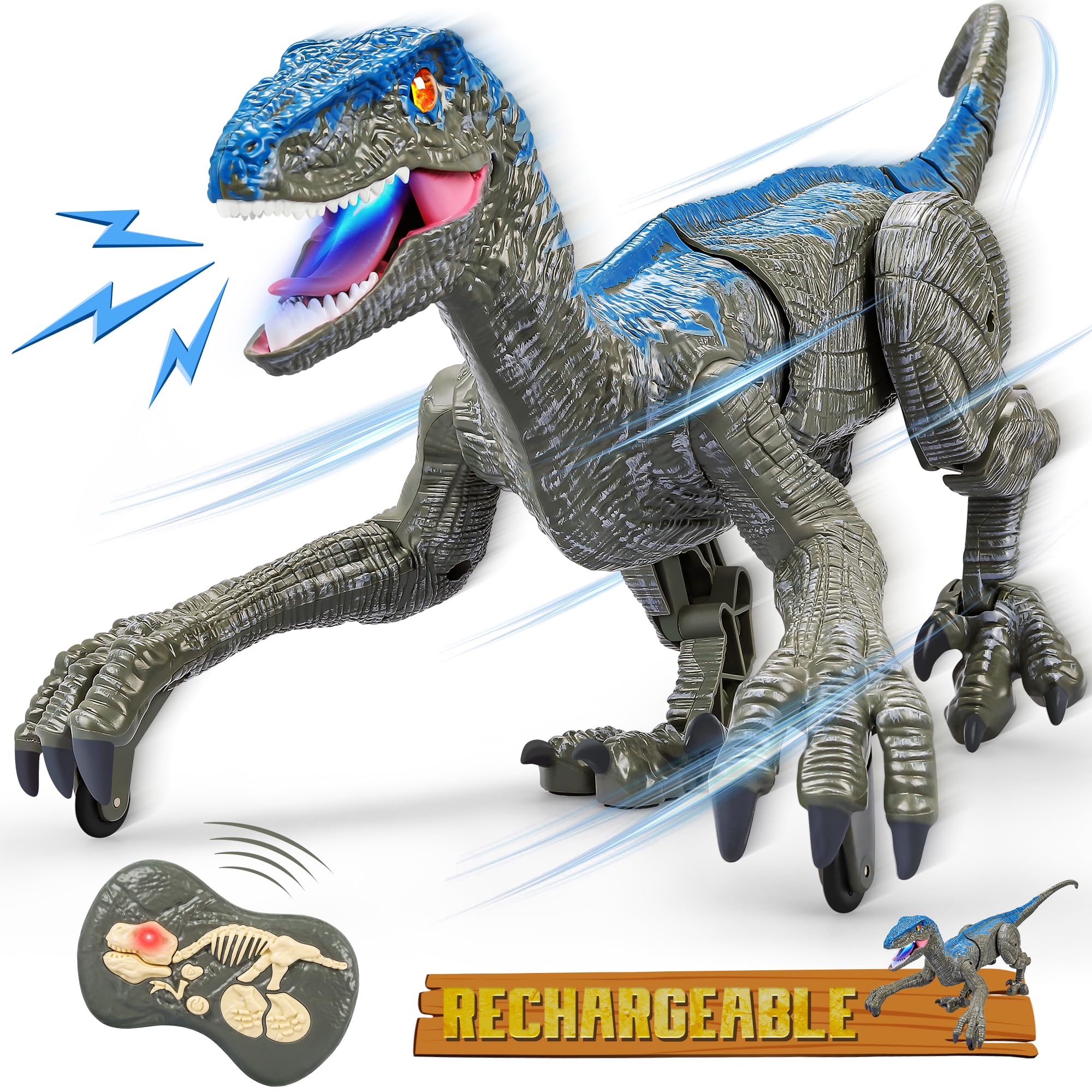 CUKU Remote Control Dinosaur for Kids,2.4G Electronic RC Toys Velociraptor with 3D Eye Shaking Head &Roaring Sounds,Indoor Toys for 5 6 7 8 Year Old Gifts