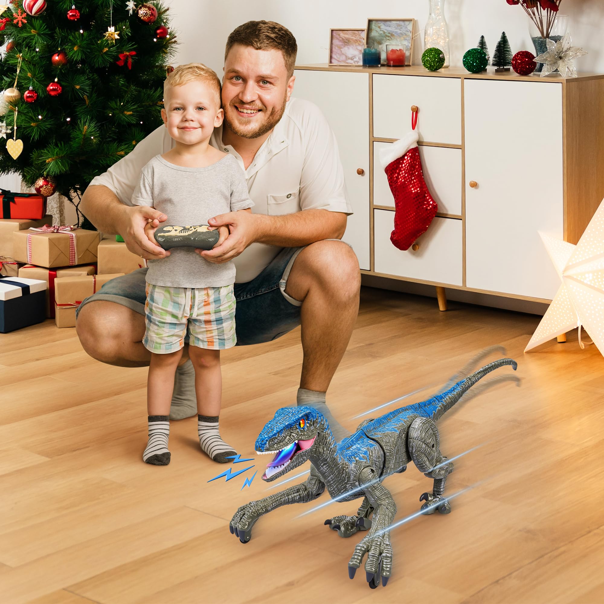 CUKU Remote Control Dinosaur for Kids,2.4G Electronic RC Toys Velociraptor with 3D Eye Shaking Head &Roaring Sounds,Indoor Toys for 5 6 7 8 Year Old Gifts