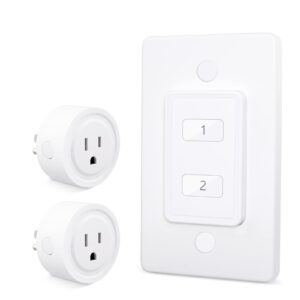 loratap mini wireless remote control outlet plug adapter (2 pack) with remote, 2 channel wall switch, 656ft control range for indoor lamps and home appliances, no hub required, 10a/1100w, white