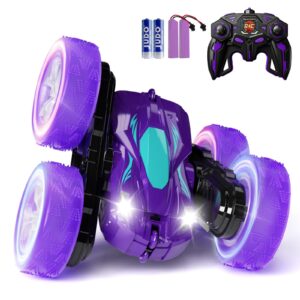 28℃ remote control car for boys, drift high speed rc cars, 4wd 2.4ghz rechargeable rc truck with double sided 360 flips and headlights wheel lights, off-road stunt toy car for kids boy girls (purple)