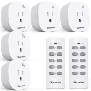 syantek remote control outlet wireless light switch for household appliances, expandable remote light switch kit, up to 100 ft range, fcc certified, etl listed, white (5 outlets + 2 remotes)