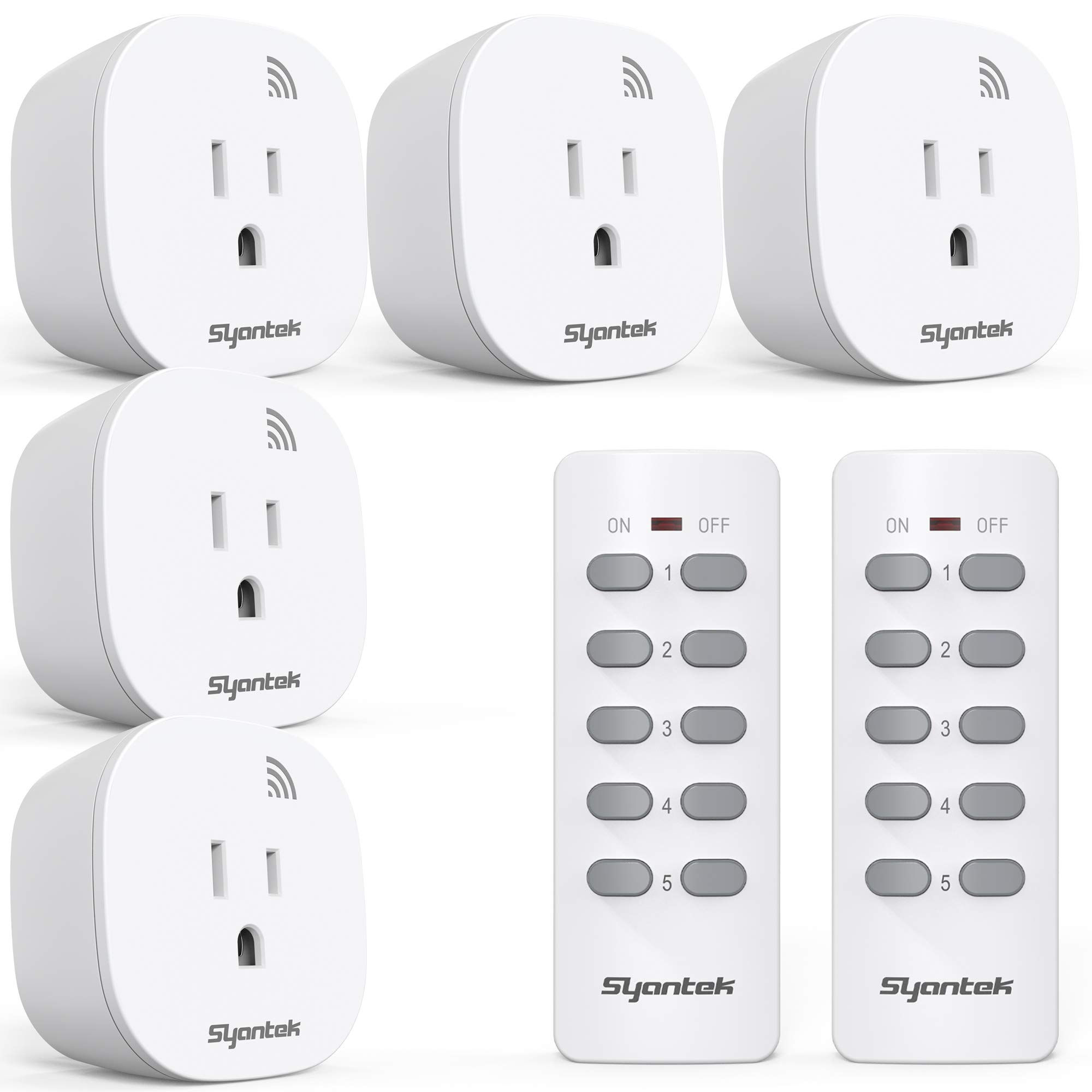 Syantek Remote Control Outlet Wireless Light Switch for Household Appliances, Expandable Remote Light Switch Kit, Up to 100 ft Range, FCC Certified, ETL Listed, White (5 Outlets + 2 Remotes)