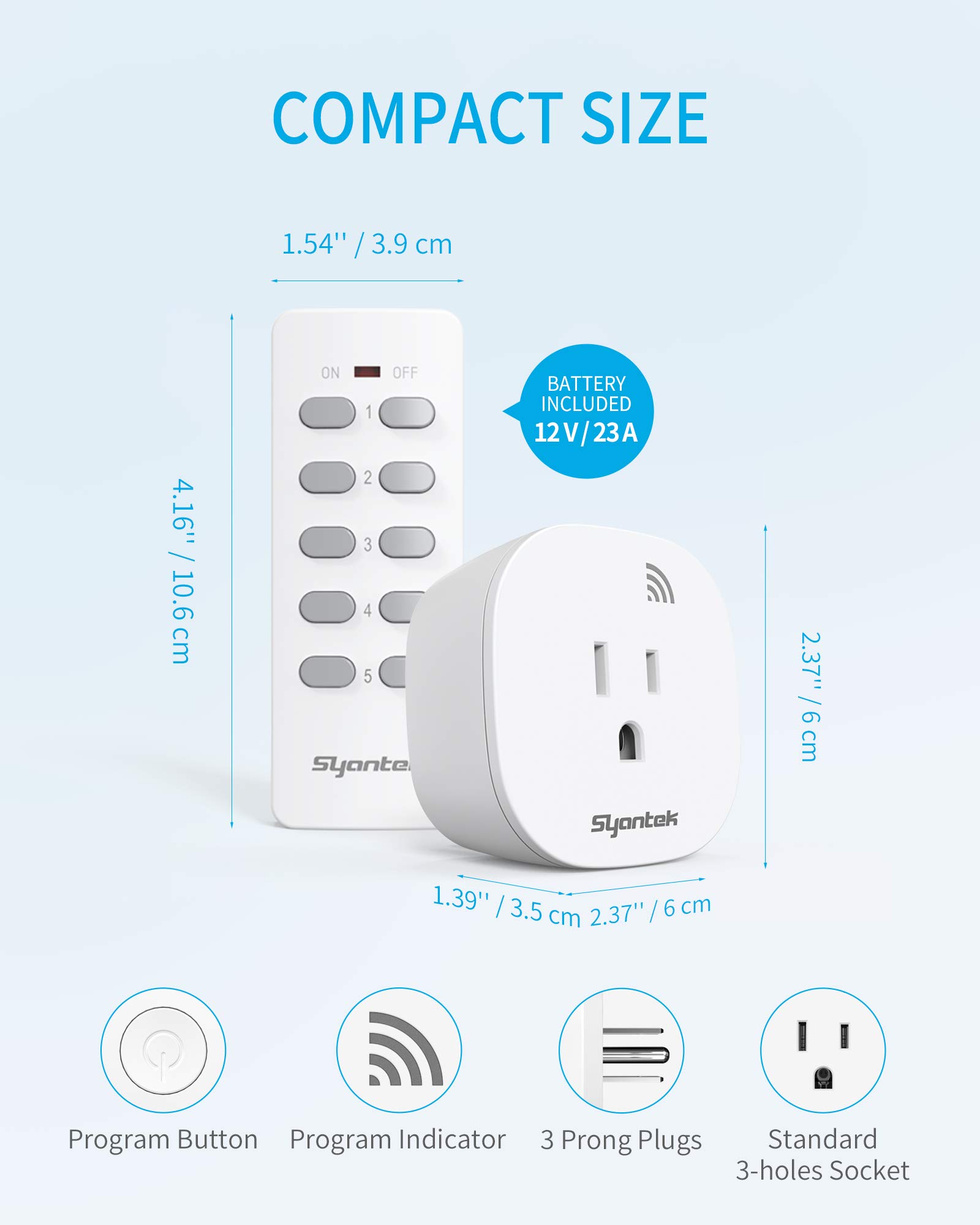 Syantek Remote Control Outlet Wireless Light Switch for Household Appliances, Expandable Remote Light Switch Kit, Up to 100 ft Range, FCC Certified, ETL Listed, White (5 Outlets + 2 Remotes)