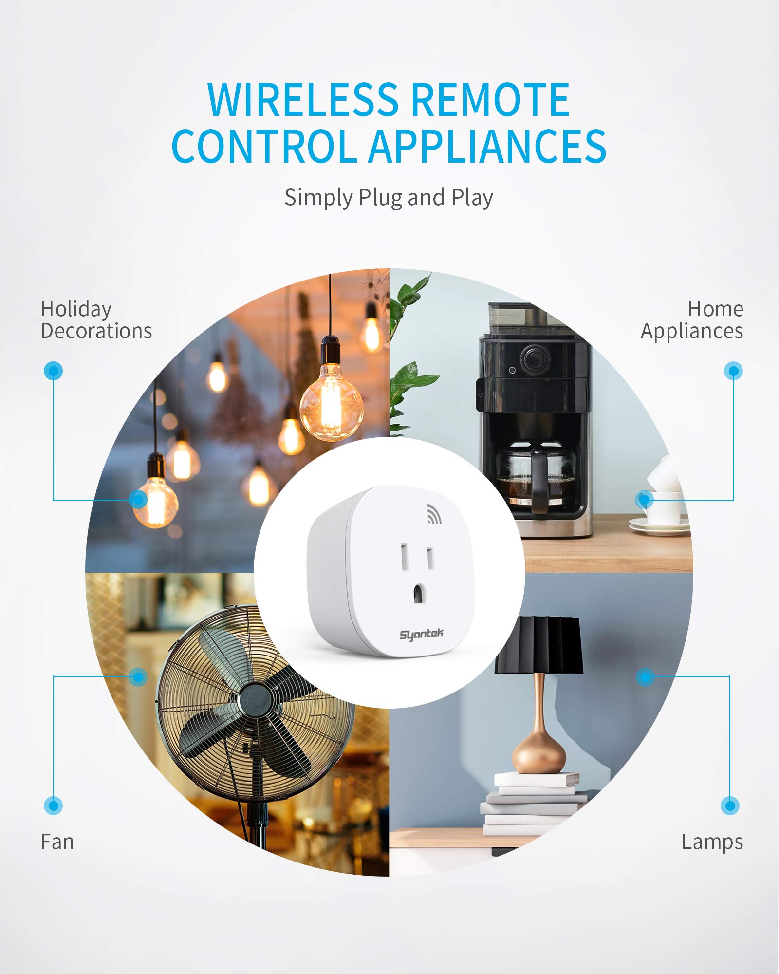 Syantek Remote Control Outlet Wireless Light Switch for Household Appliances, Expandable Remote Light Switch Kit, Up to 100 ft Range, FCC Certified, ETL Listed, White (5 Outlets + 2 Remotes)