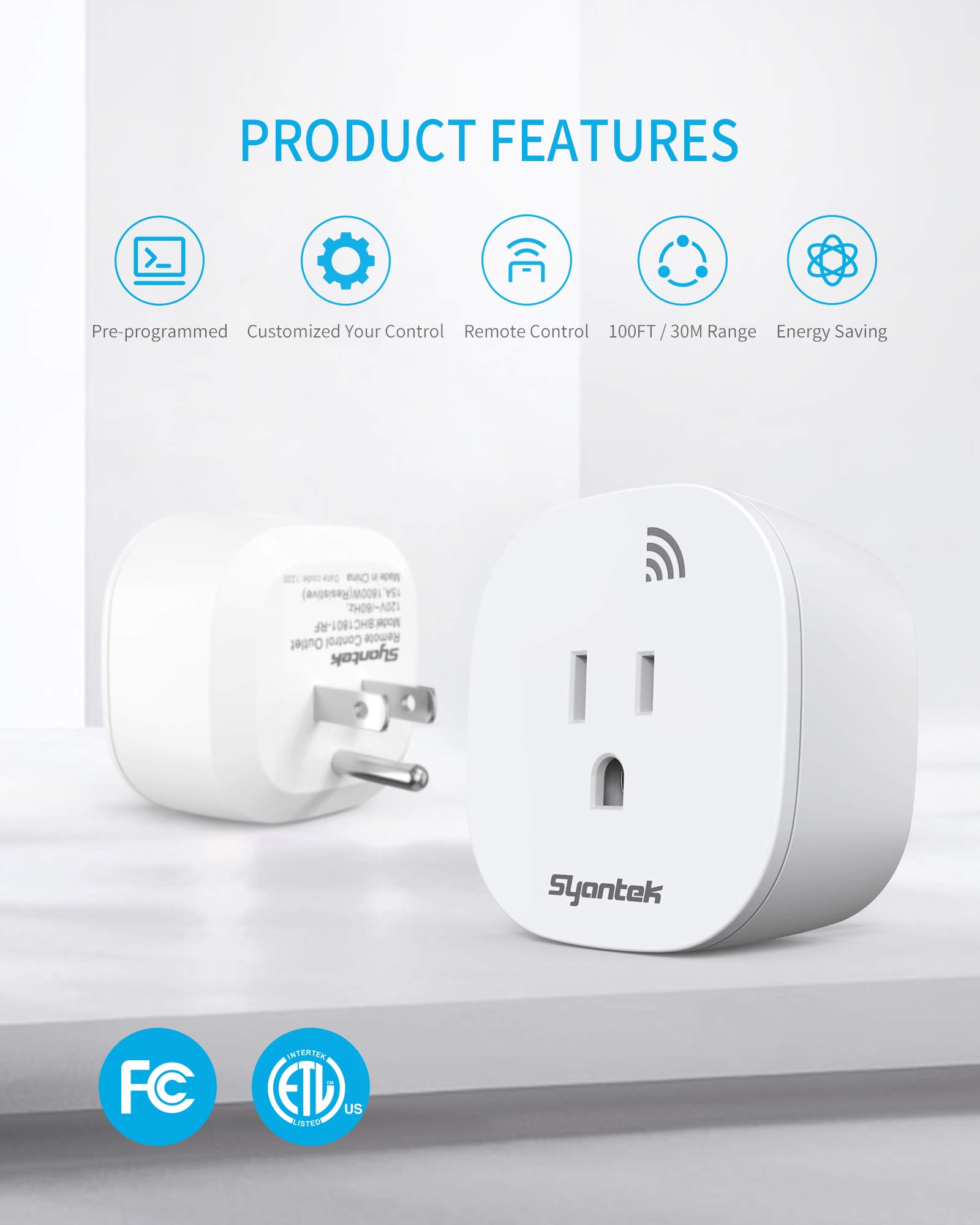 Syantek Remote Control Outlet Wireless Light Switch for Household Appliances, Expandable Remote Light Switch Kit, Up to 100 ft Range, FCC Certified, ETL Listed, White (5 Outlets + 2 Remotes)