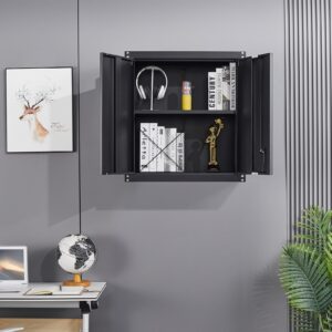 Metal Wall Cabinet with Adjustable Shelves,Wall Mounted Storage Cabinet with Locking Doors,Steel Garage Cabinet for Basement,Home,Kitchen,Bathroom (Black,27.95" H)