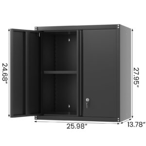 Metal Wall Cabinet with Adjustable Shelves,Wall Mounted Storage Cabinet with Locking Doors,Steel Garage Cabinet for Basement,Home,Kitchen,Bathroom (Black,27.95" H)