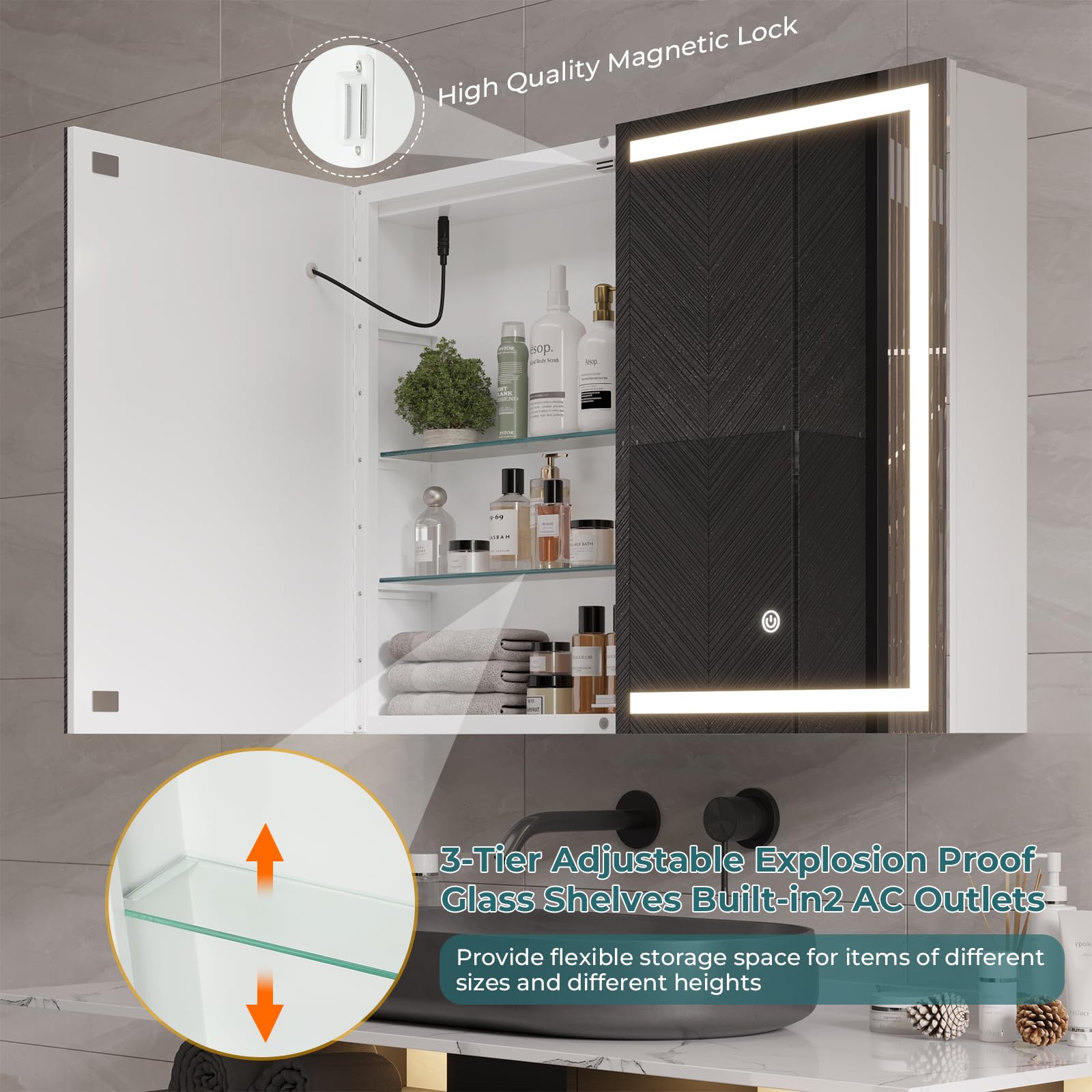 DICTAC Lighted Medicine Cabinet with Mirror and Storage Bathroom Wall Cabinet with Mirror and Outlets 31.5''x23.6'' Wall Mounted Mirror Medicine Cabinets with Led Lights and Adjustable Shelves,White