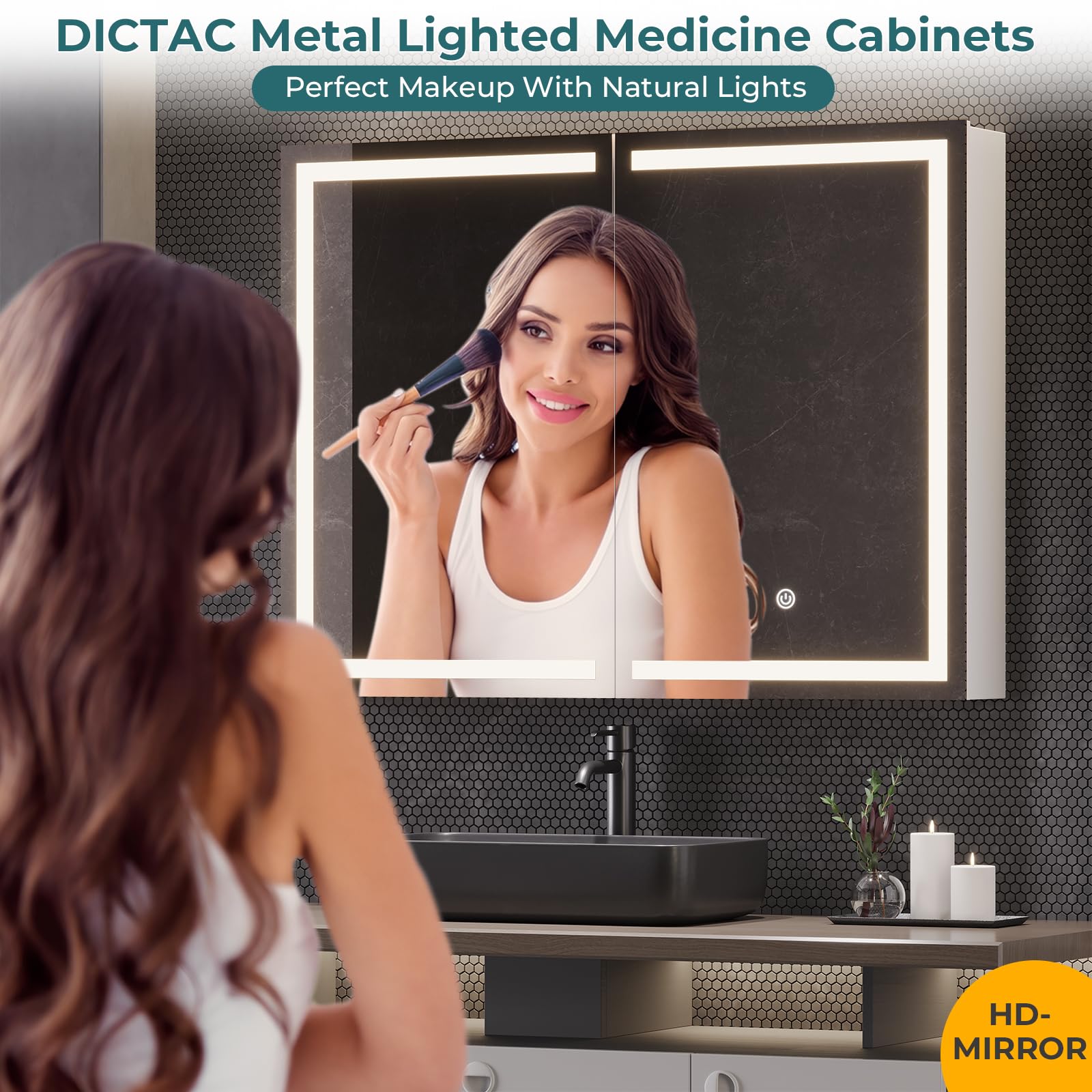 DICTAC Lighted Medicine Cabinet with Mirror and Storage Bathroom Wall Cabinet with Mirror and Outlets 31.5''x23.6'' Wall Mounted Mirror Medicine Cabinets with Led Lights and Adjustable Shelves,White