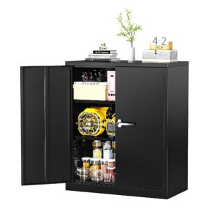 greenvelly metal storage cabinet, 42”locking storage cabinet with doors and shelves, black lockable storage cabinets for office, utility locker cabinet, steel garage cabinet with 2 keys for home