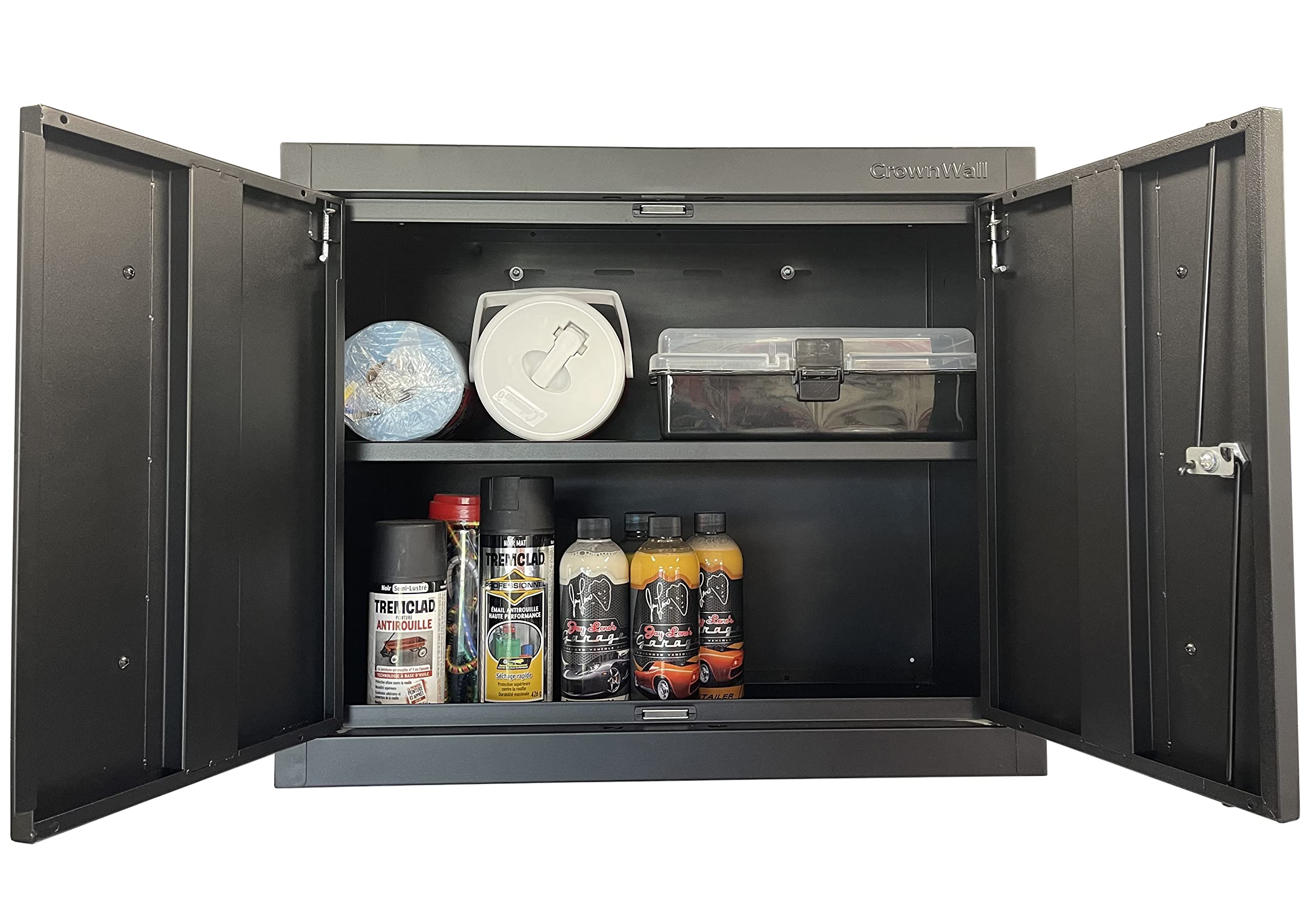 Crownwall Pro Series Fully Assembled Wall Cabinet, Garage Storage, Home Organizer Storage System (Black with Silver Handles)