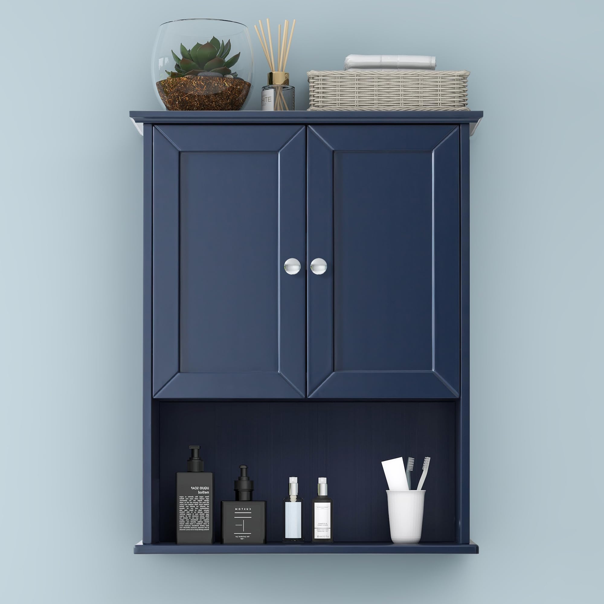 VANIRROR Bathroom Wall Cabinet Blue Over Toilet Storage Cabinets 24x30 in Above Toilet Wood Medicine Cabinets Wall Mounted Bathroom Cabinet with 2 Door & Adjustable Shelf