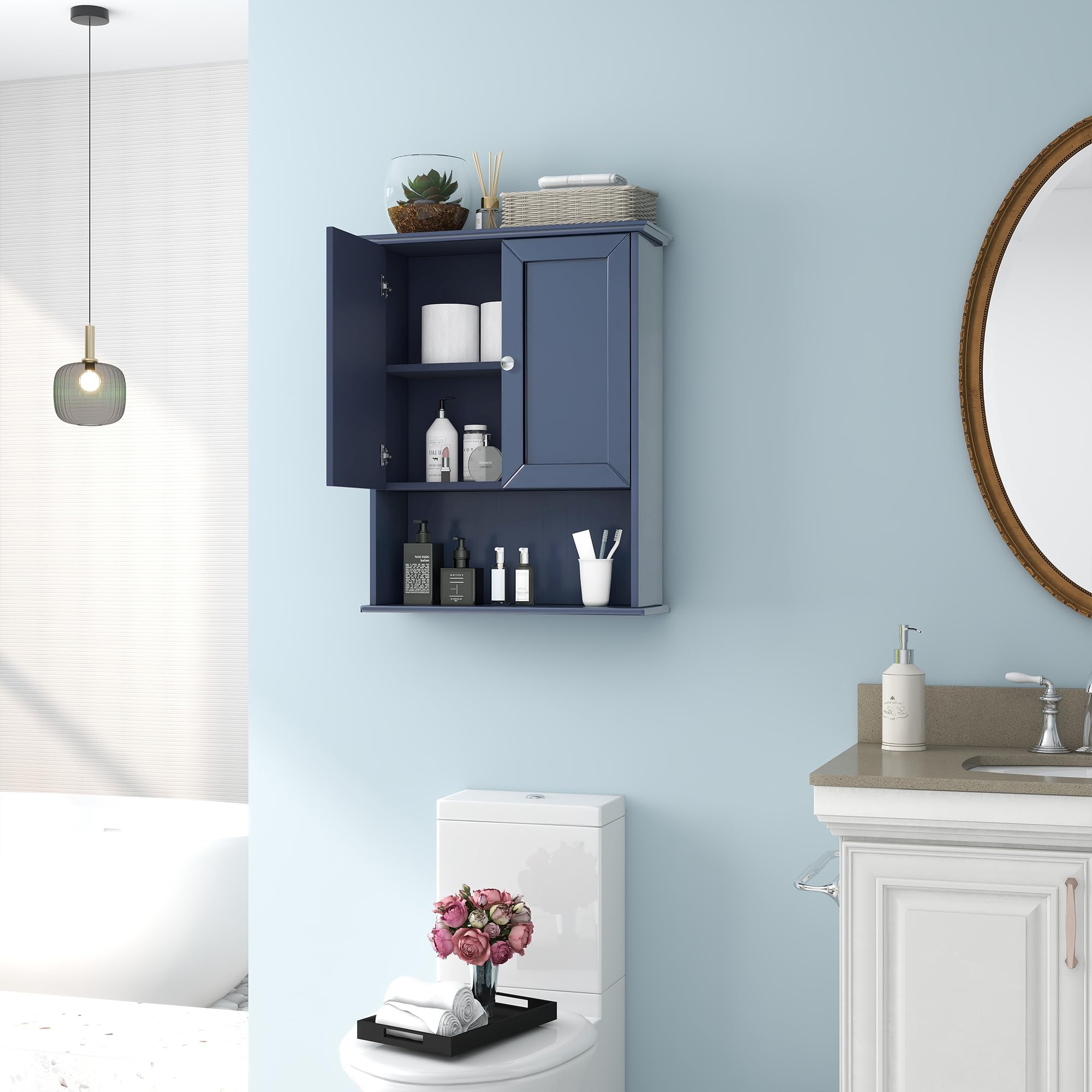 VANIRROR Bathroom Wall Cabinet Blue Over Toilet Storage Cabinets 24x30 in Above Toilet Wood Medicine Cabinets Wall Mounted Bathroom Cabinet with 2 Door & Adjustable Shelf