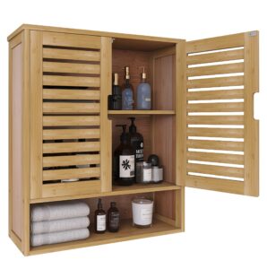 smibuy bathroom cabinet wall mounted, bamboo over-the-toilet storage organizer, space saver medicine cabinet with 2 door and adjustable shelves (natural)