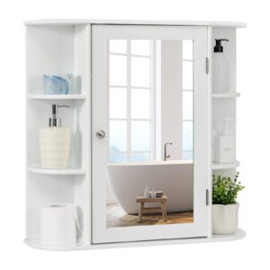 giantex mirrored bathroom medicine cabinet - wall mounted bathroom hanging cabinet with single door, 3 adjustable shelves, storage cabinet for hallway, living room, wall cabinet over toilet (white)