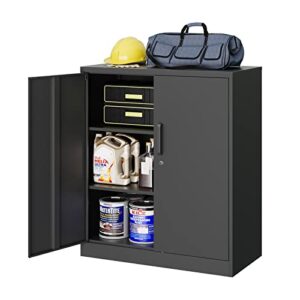 miiiko metal storage cabinet with locking doors, 2-door metal locker with 2 shelves, black metal cabinet with lock for home office, garage, utility room, kitchen and school