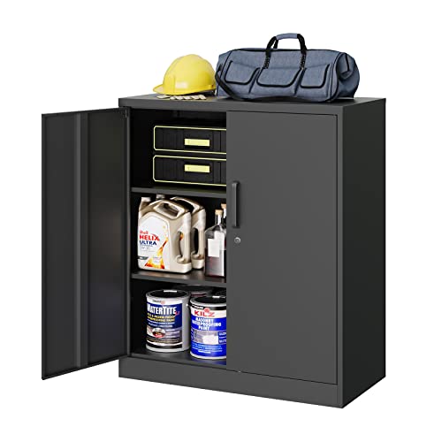 MIIIKO Metal Storage Cabinet with Locking Doors, 2-Door Metal Locker with 2 Shelves, Black Metal Cabinet with Lock for Home Office, Garage, Utility Room, Kitchen and School