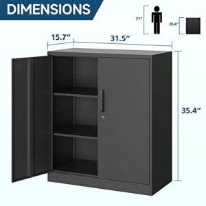 MIIIKO Metal Storage Cabinet with Locking Doors, 2-Door Metal Locker with 2 Shelves, Black Metal Cabinet with Lock for Home Office, Garage, Utility Room, Kitchen and School