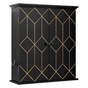 azody bathroom cabinet with gold trim, wall-mounted bathroom storage cabinet with adjustable shelves and side hooks, space saver medicine cabinet for livingroom, laundry, classical black