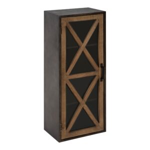 kate and laurel mace decorative rustic floating storage cabinet, 30" x 12", rustic brown door with bronze metal frame, farmhouse inspired wall mounted storage hutch