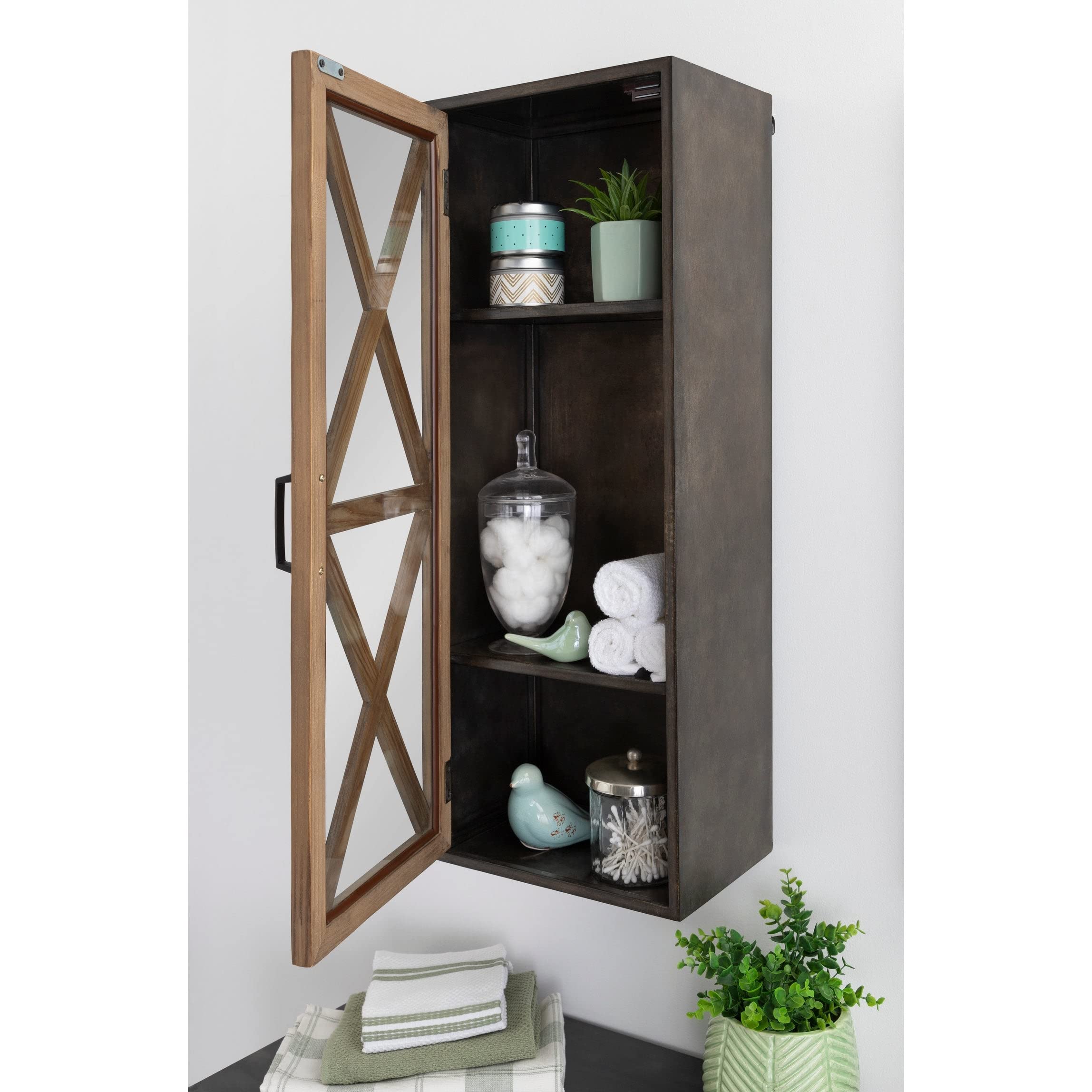 Kate and Laurel Mace Decorative Rustic Floating Storage Cabinet, 30" x 12", Rustic Brown Door with Bronze Metal Frame, Farmhouse Inspired Wall Mounted Storage Hutch