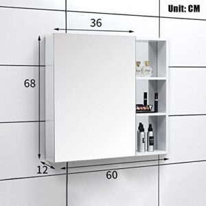 ROLTIN Bathroom Mirror Cabinet Wall Mounted Locker Bathroom Mirror with Shelf Metal Mirror Cabinet Wall Cabinet (White 60 * 68 * 12CM)