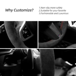 Alfanxi Hand Stitch Sewing Italy Alcantara Car Steering Wheel Cover Wrap for BMW 3 5 7 8Series M2 M3 M4 M5 M6 M7 M8 X3 X4 X5 X6 M X7 Z4Trims (Black Alcantara+Red Stripe)