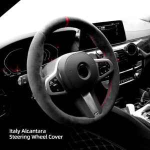 Alfanxi Hand Stitch Sewing Italy Alcantara Car Steering Wheel Cover Wrap for BMW 3 5 7 8Series M2 M3 M4 M5 M6 M7 M8 X3 X4 X5 X6 M X7 Z4Trims (Black Alcantara+Red Stripe)