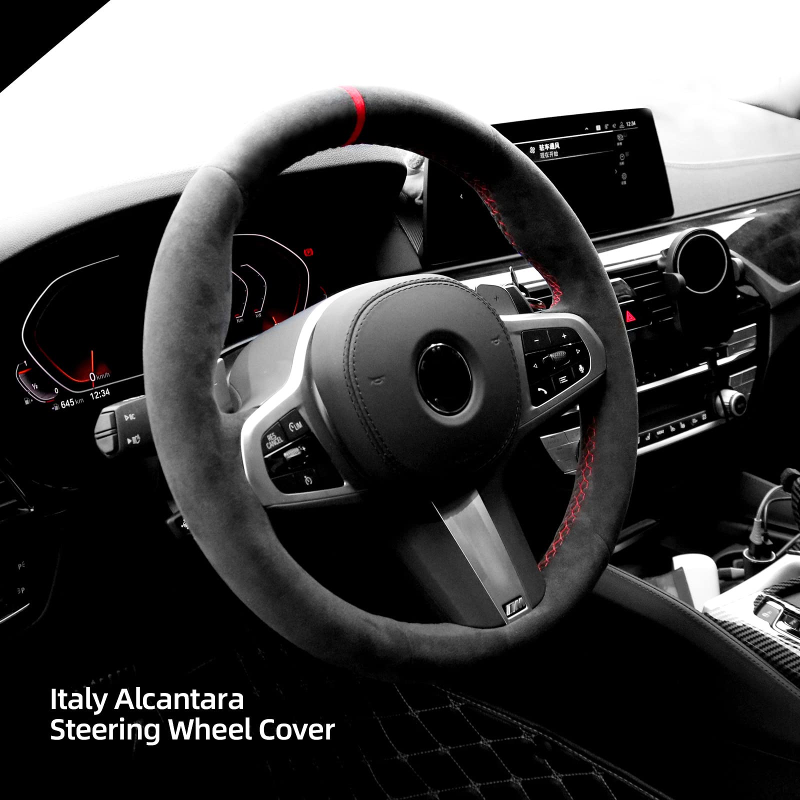 Alfanxi Hand Stitch Sewing Italy Alcantara Car Steering Wheel Cover Wrap for BMW 3 5 7 8Series M2 M3 M4 M5 M6 M7 M8 X3 X4 X5 X6 M X7 Z4Trims (Black Alcantara+Red Stripe)