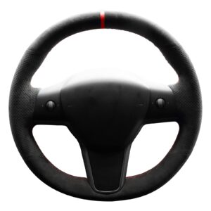 alfanxi hand stitched italy alcantara material steering wheel cover wrap compatible with tesla model y/3/s (red stripe)