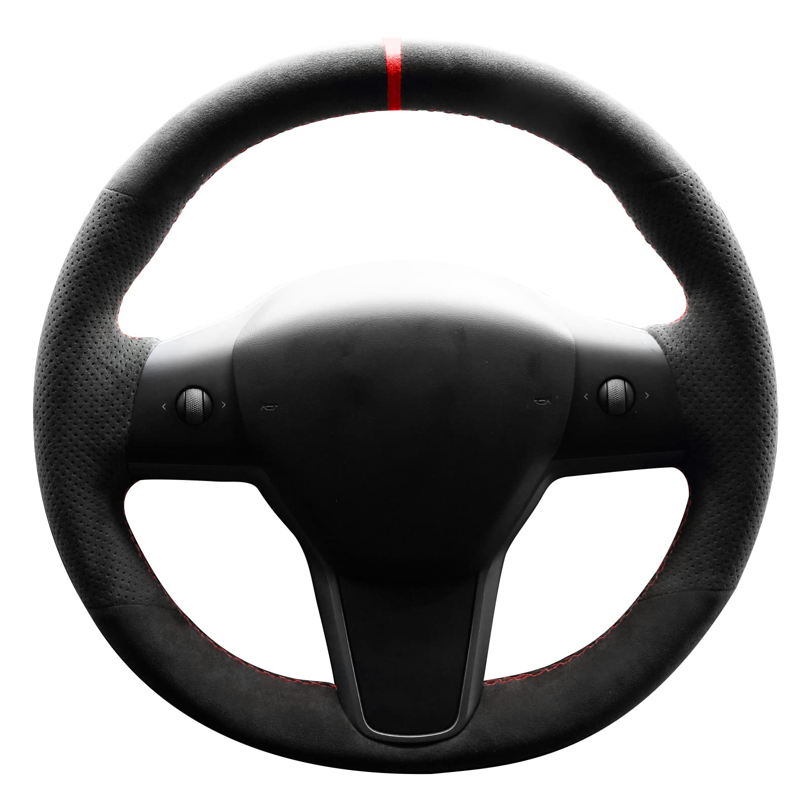 Alfanxi Hand Stitched Italy Alcantara Material Steering Wheel Cover Wrap Compatible with Tesla Model Y/3/S (Red Stripe)