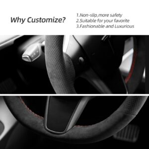 Alfanxi Hand Stitched Italy Alcantara Material Steering Wheel Cover Wrap Compatible with Tesla Model Y/3/S (Red Stripe)