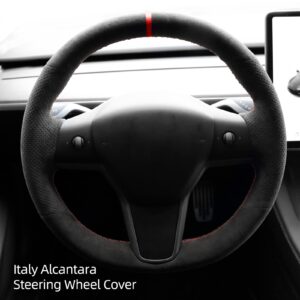 Alfanxi Hand Stitched Italy Alcantara Material Steering Wheel Cover Wrap Compatible with Tesla Model Y/3/S (Red Stripe)